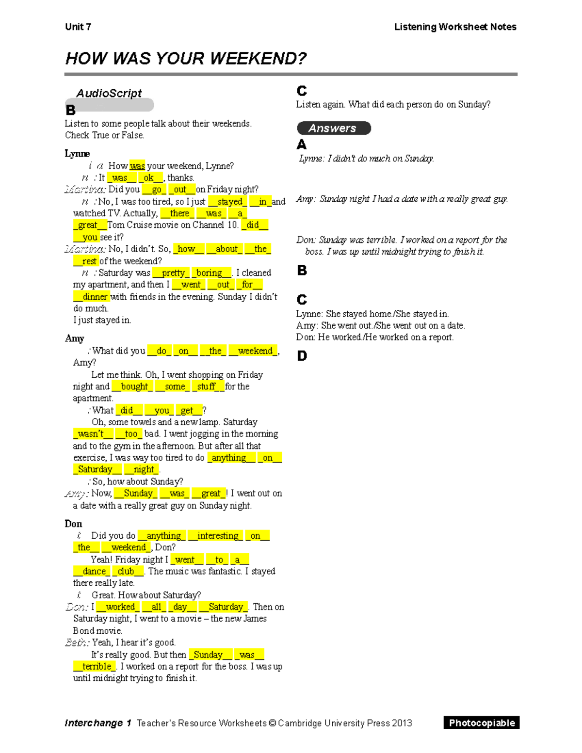 6. Listening, psts ws- fill - Unit 7 Listening Worksheet Notes HOW WAS ...
