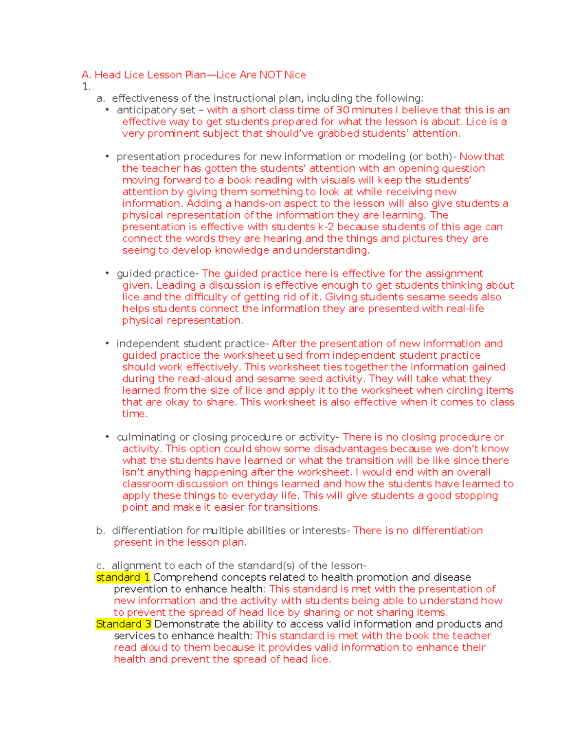 P.E. helath methods task 1 - A. Head Lice Lesson Plan—Lice Are NOT Nice ...