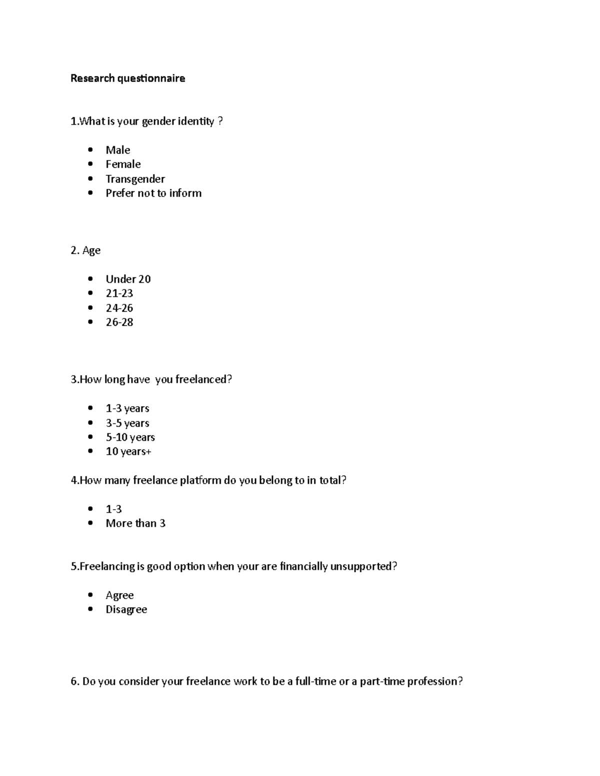 Questionnarie - Research questionnaire 1 is your gender identity? Male ...