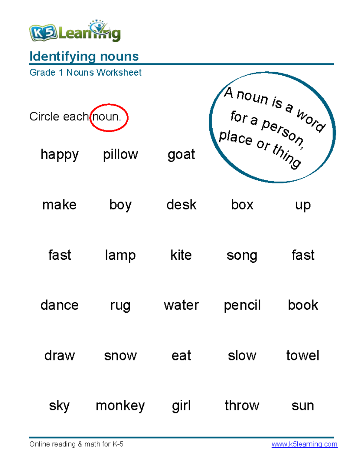 Identifying nouns - Identifying nouns Grade 1 Nouns Worksheet Online ...