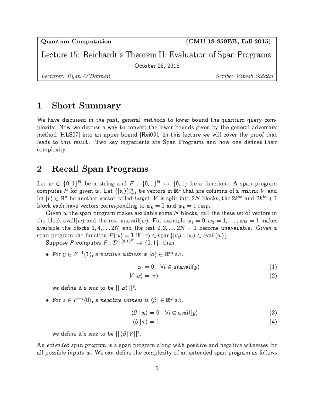 Lecture 15 Quantum Computation Cmu 18 859bb Fall 2015 Lecture 15 Reichardt S Theorem Ii