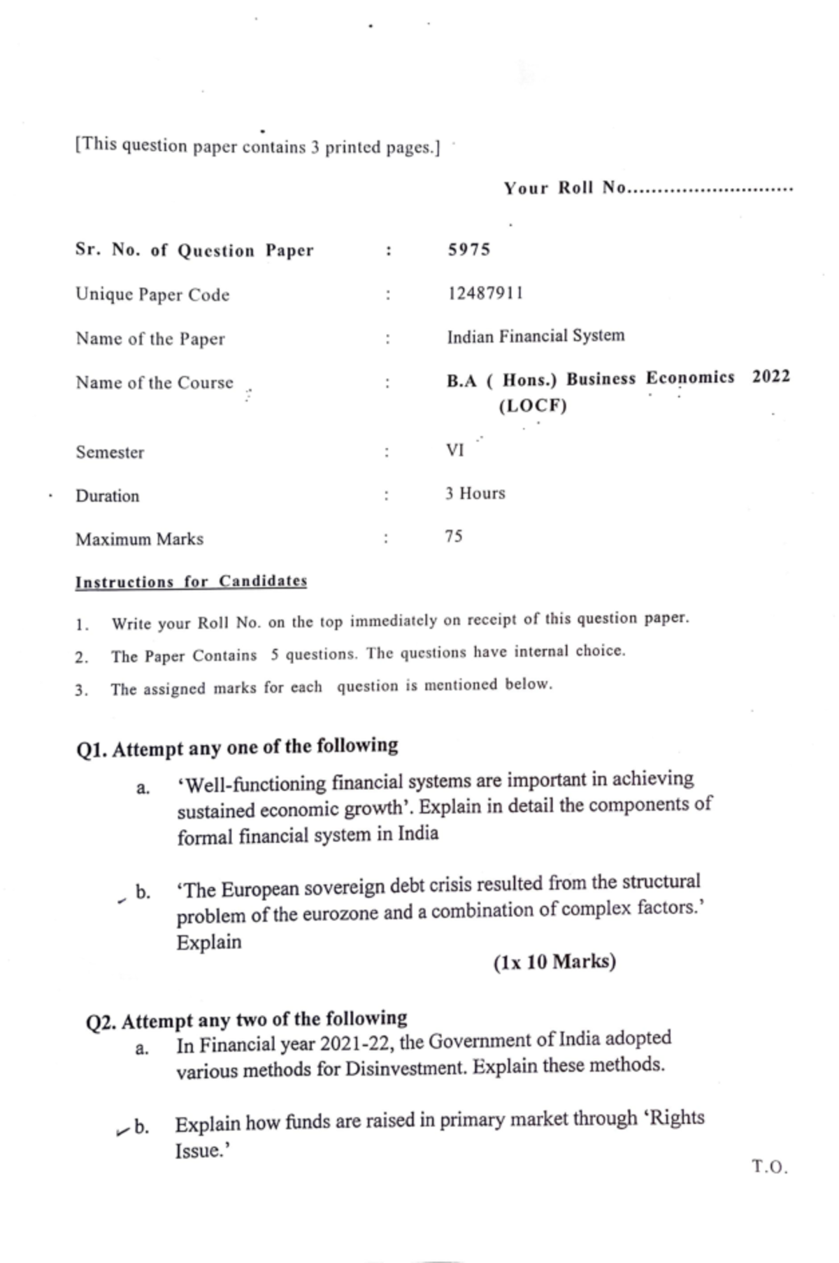 DSE IFS - CBCS 2022 Paper 1 - [This question paper co;1tains 3 printed ...