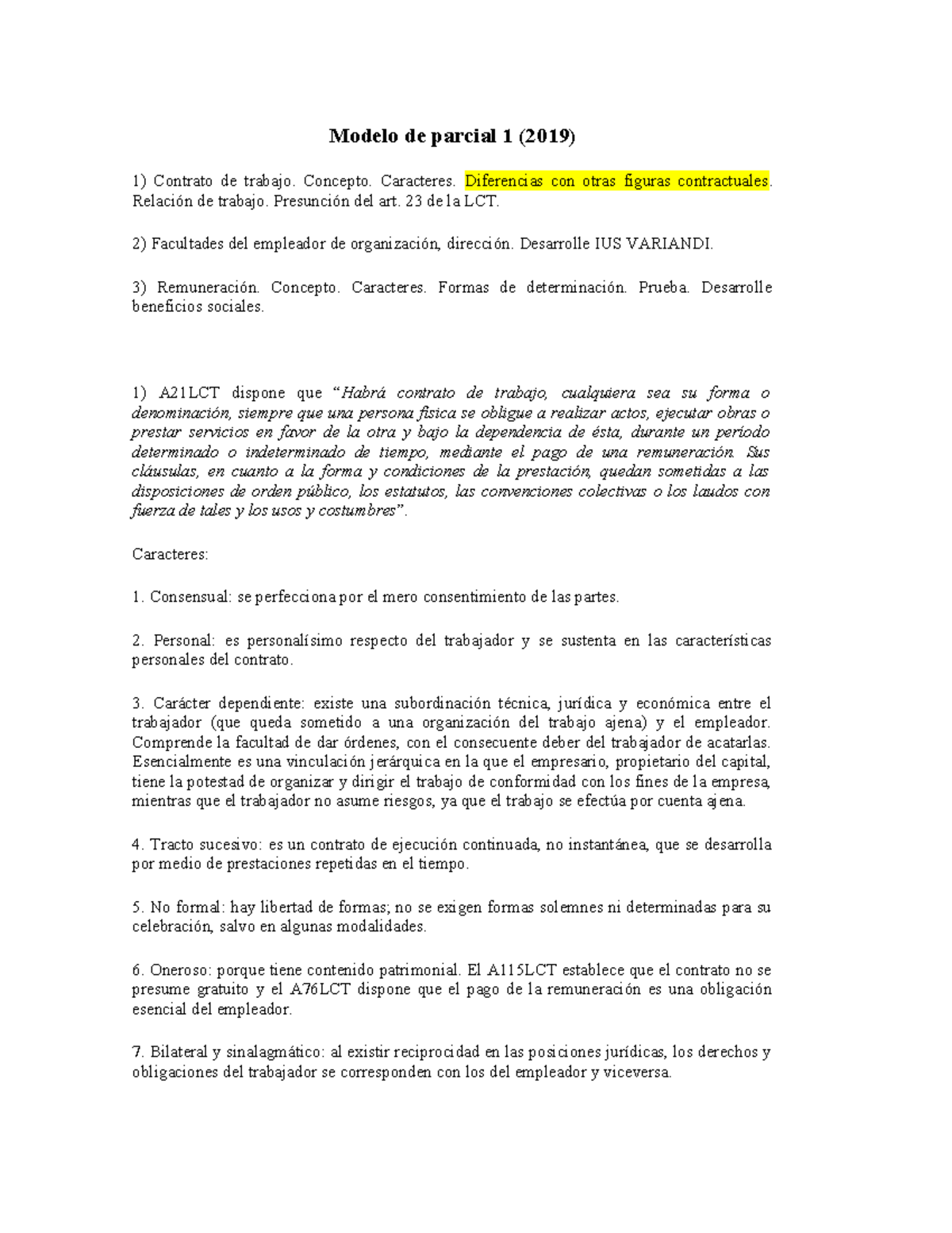 Modelos de Primer Parcial - Modelo de parcial 1 (2019) 1) Contrato de trabajo. Concepto ...
