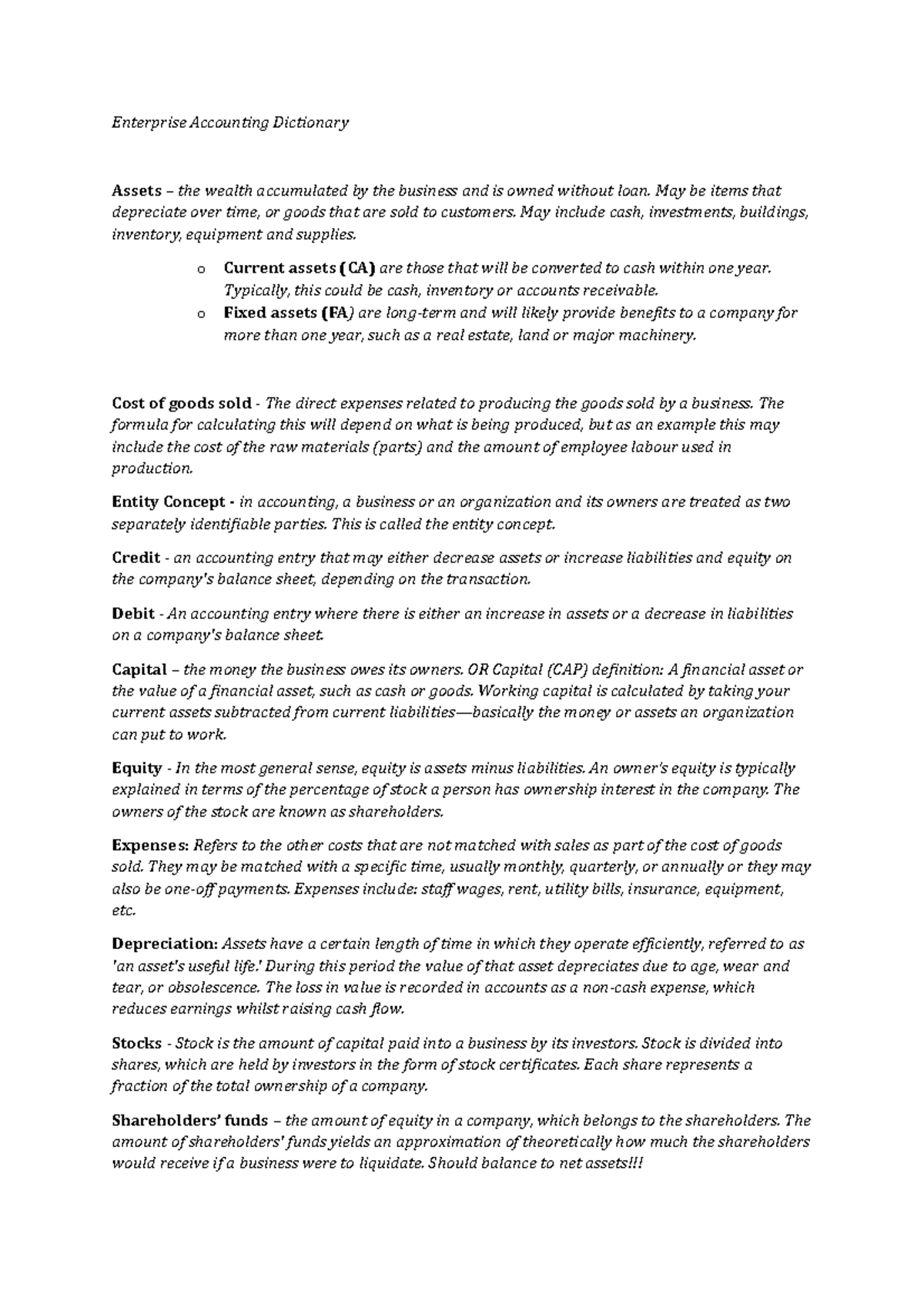 Accounting Phrases Dictionary - Enterprise Accounting Dictionary Assets ...