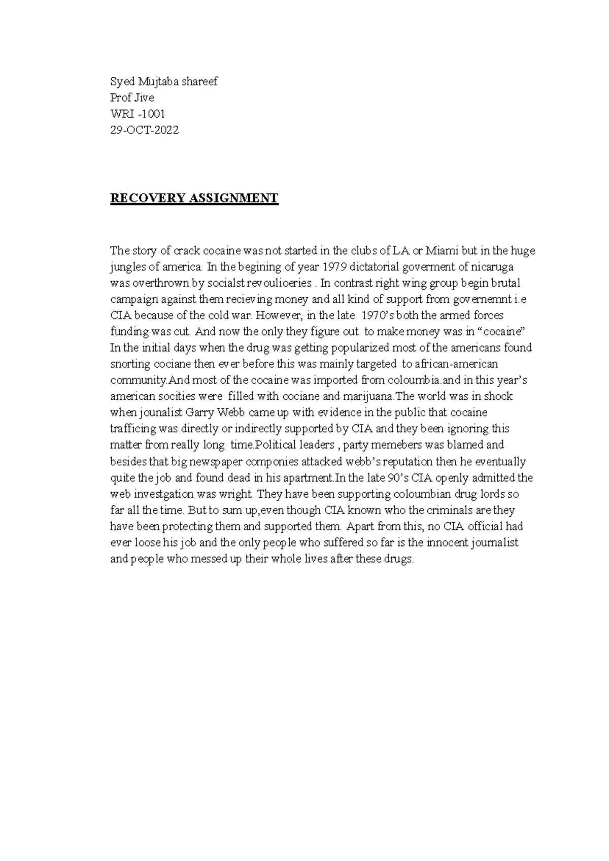 Recovery assignment - Syed Mujtaba shareef Prof Jive WRI - 29-OCT ...