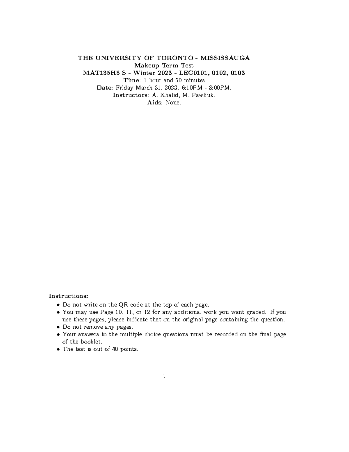MAT135 W2023 MU Test - THE UNIVERSITY OF TORONTO - MISSISSAUGA Makeup ...
