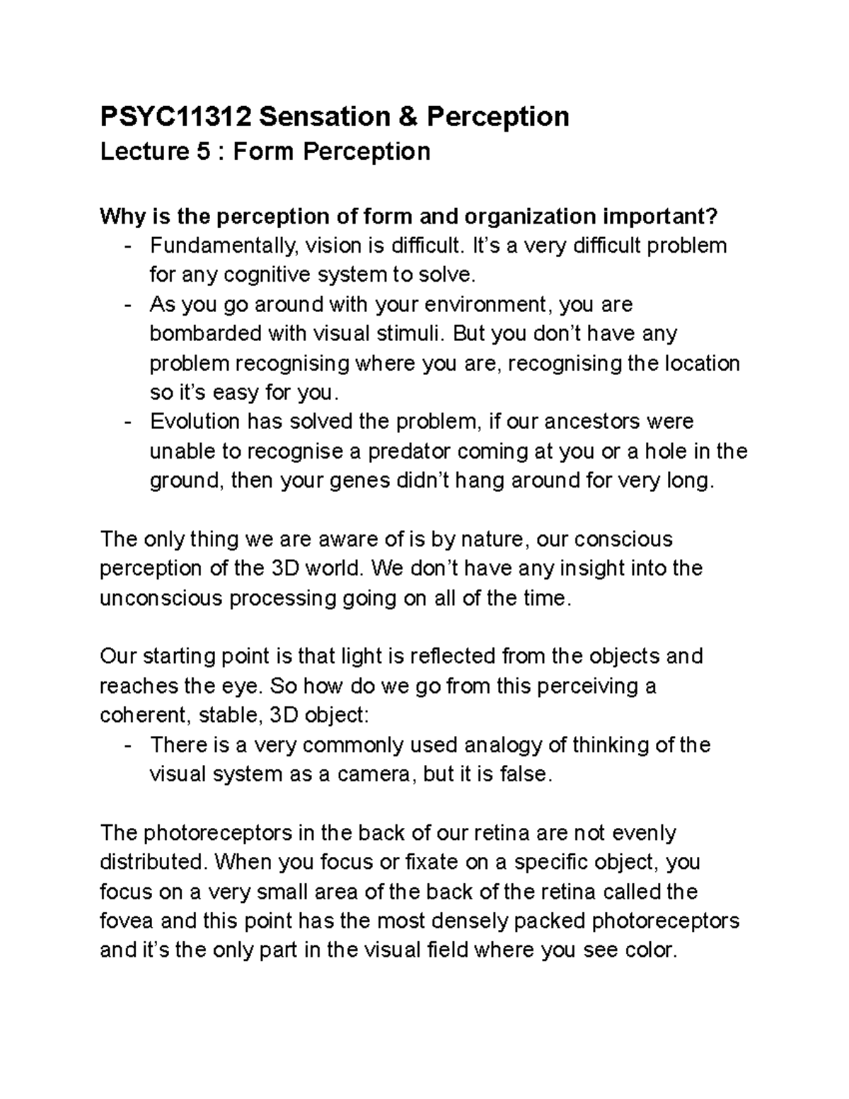 Sensation & Perception - Lecture 5 - PSYC11312 Sensation & Perception ...