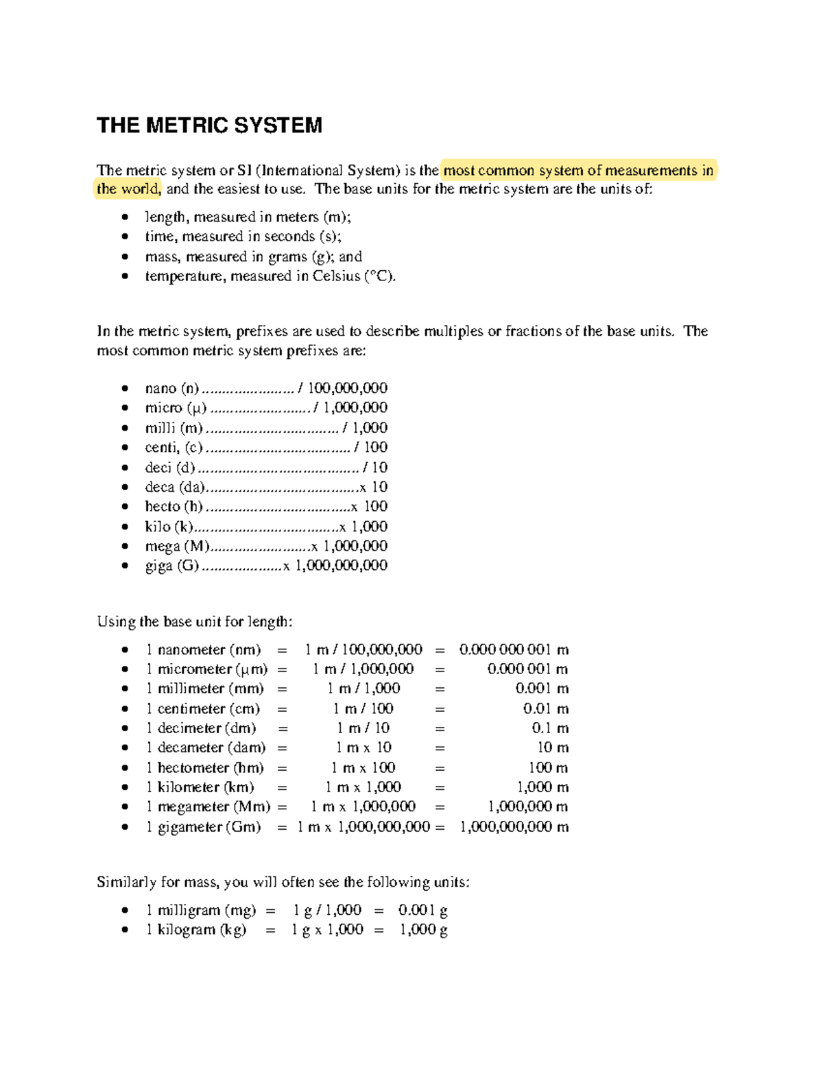 12 Mathematics - THE METRIC SYSTEM The metric system or SI ...