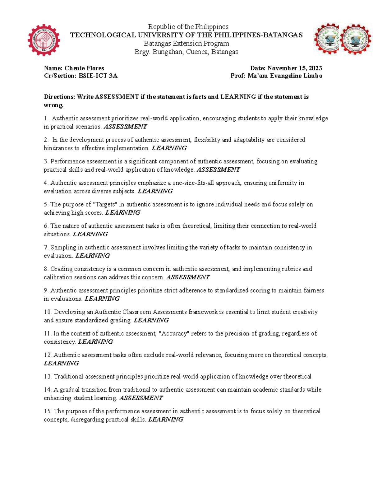 Profed 12 50-item-test - TECHNOLOGICAL UNIVERSITY OF THE PHILIPPINES ...