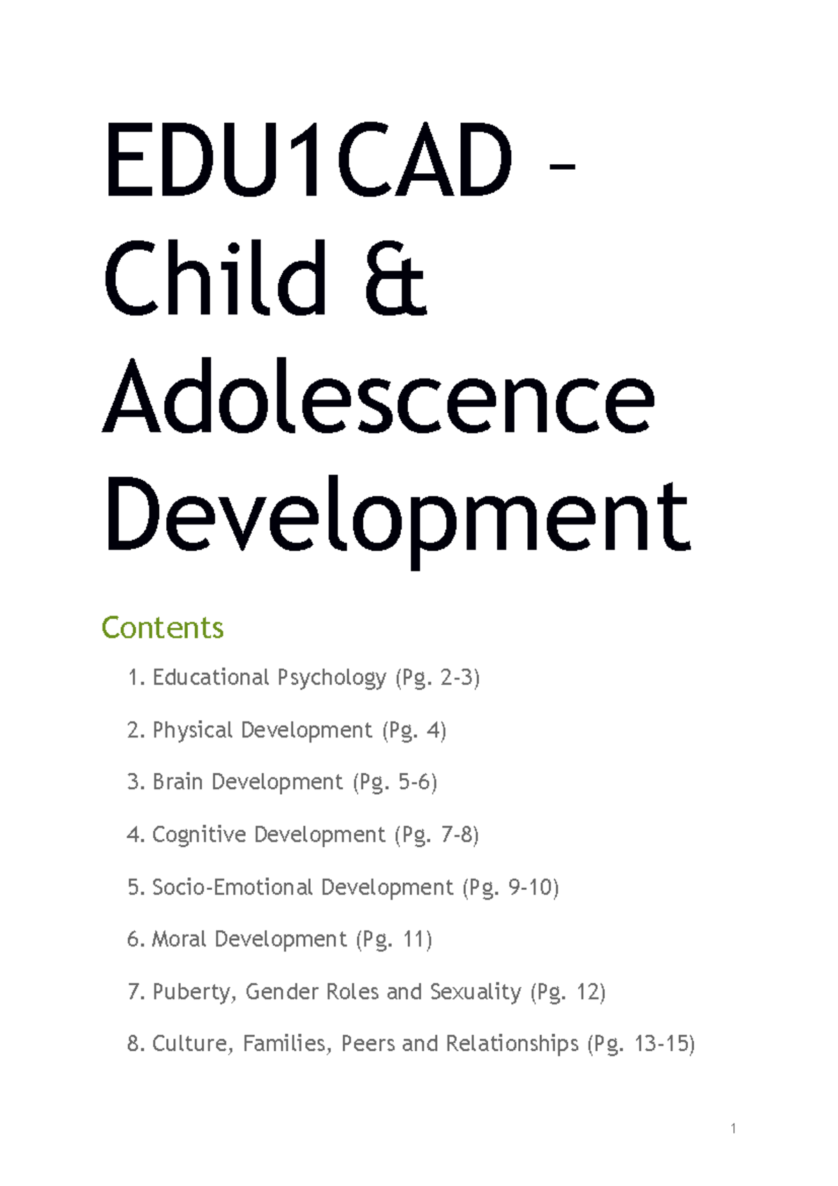 Child and Adolescence Development Notes - EDU1CAD Child Adolescence ...