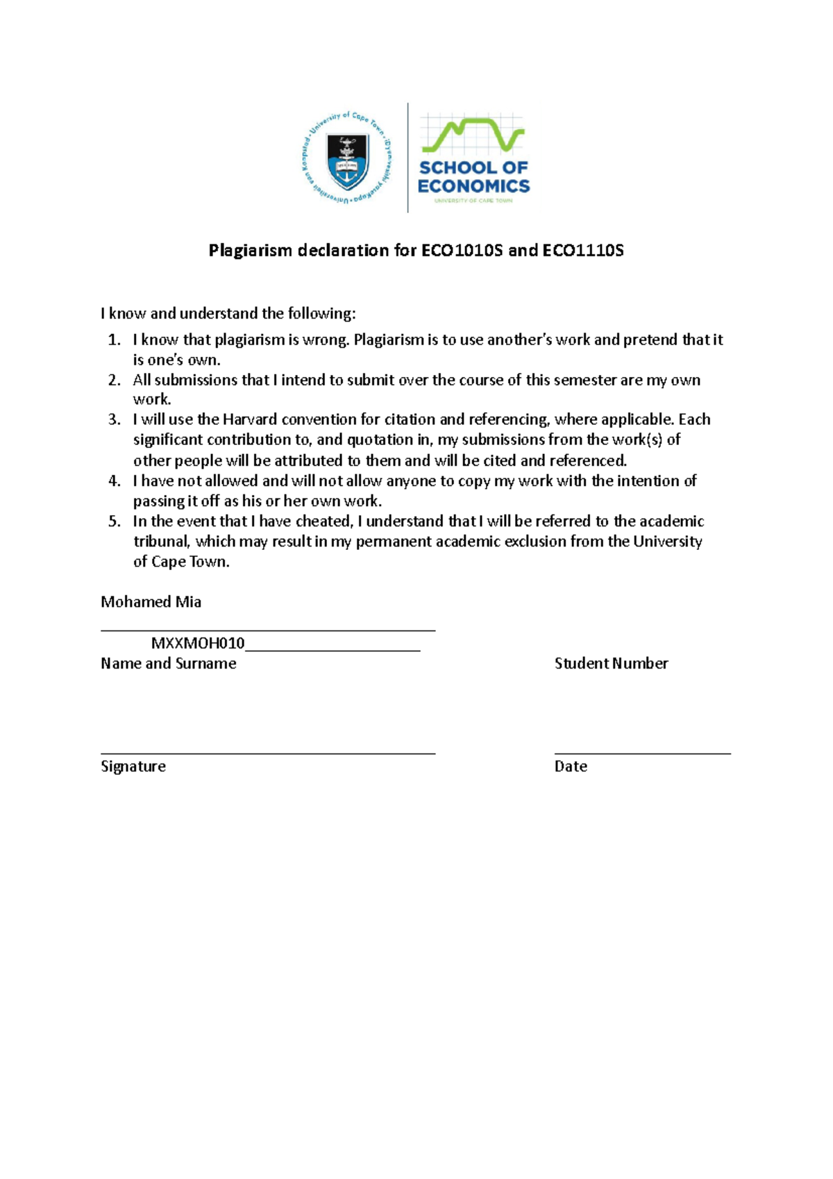 Plagiarism declaration ECO1010S and ECO1110S - Plagiarism declaration ...