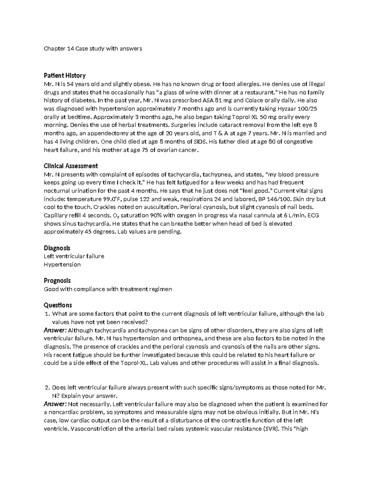 Chapter 14 Case study with answers - Chapter 14 Case study with answers Patient History Mr. N is ...