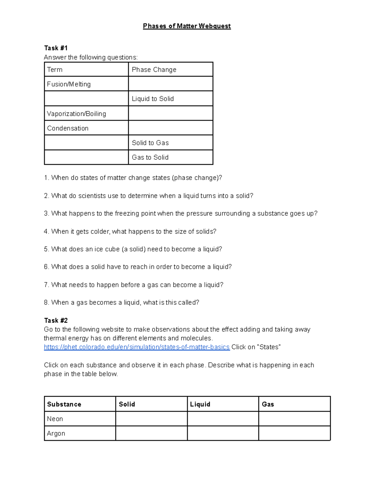 Copy of Phases of Matter Webquest - Phases of Matter Webquest Task ...