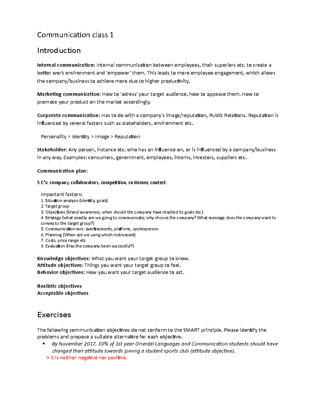 Communication class 1 - Lecture notes 1 - Communication class 1 ...