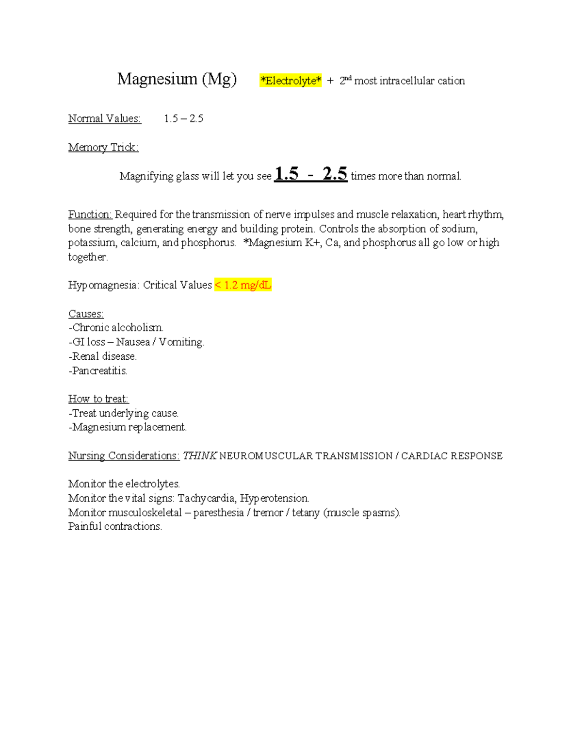 Magnesium - Notes that will help with lab values - Magnesium (Mg ...
