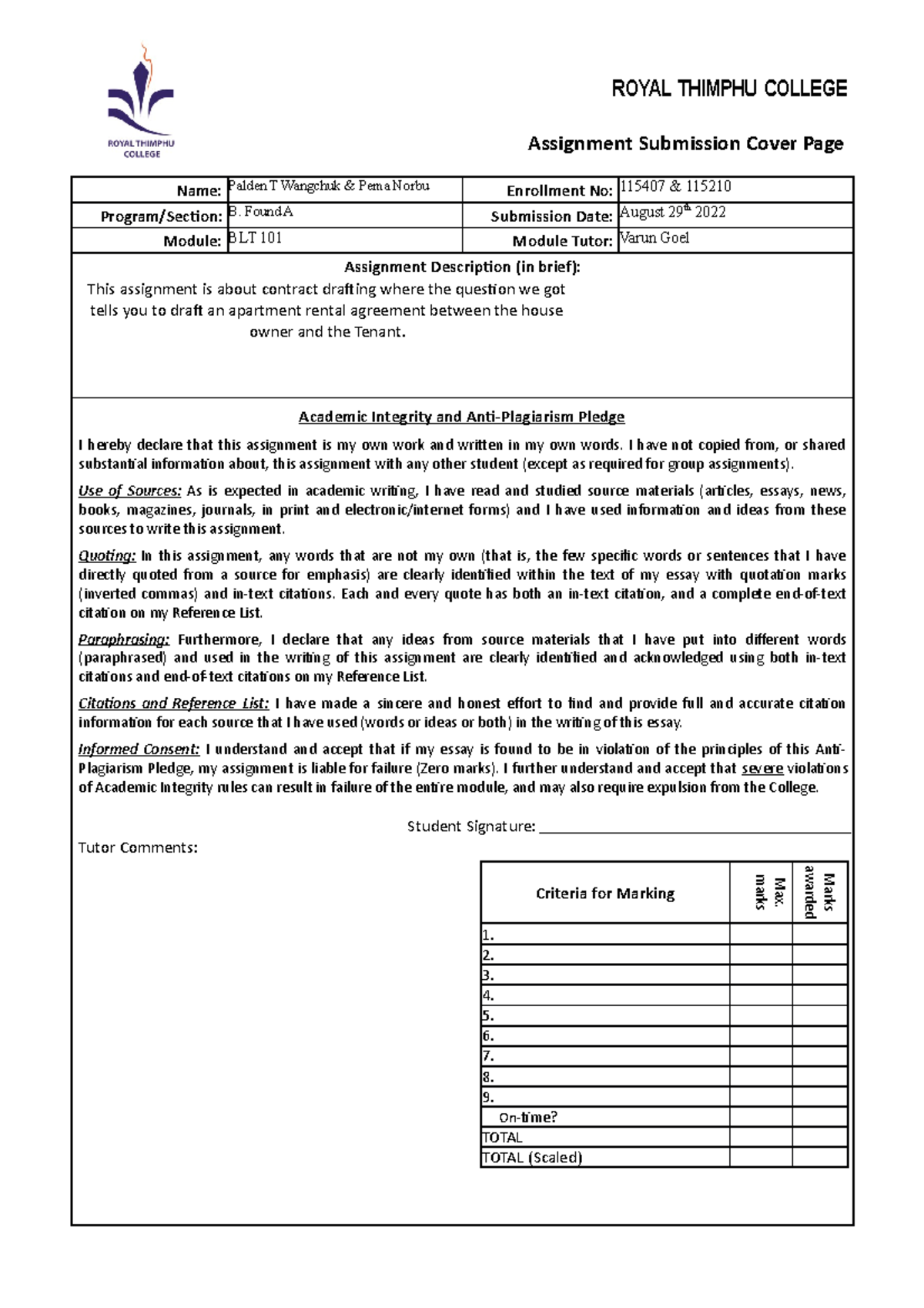 BLT 101 Contract Drafting - ROYAL THIMPHU COLLEGE Assignment Submission ...