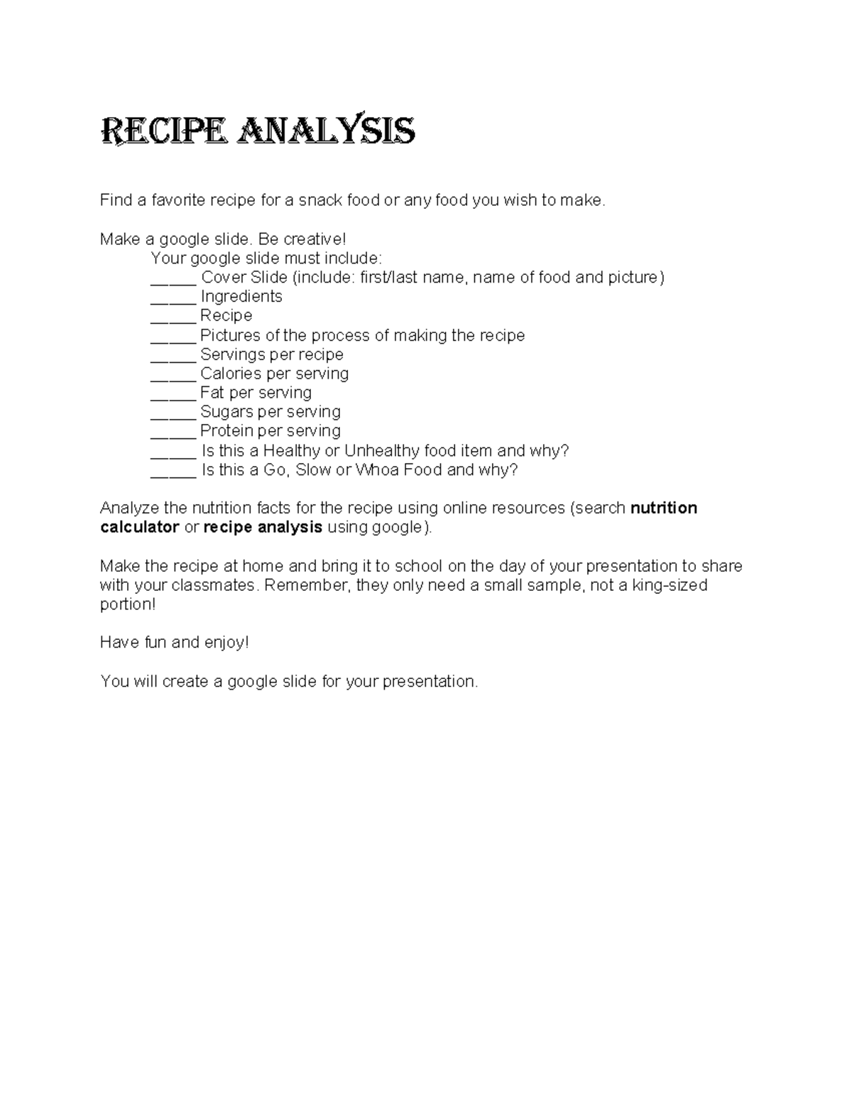 Albert Dorn - Recipe Analysis - Recipe AnAlysis Find a favorite recipe ...