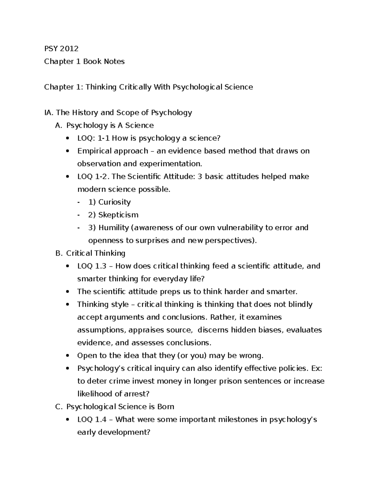 Psych Notes - Chapter 1 - PSY 2012 Chapter 1 Book Notes Chapter 1 ...