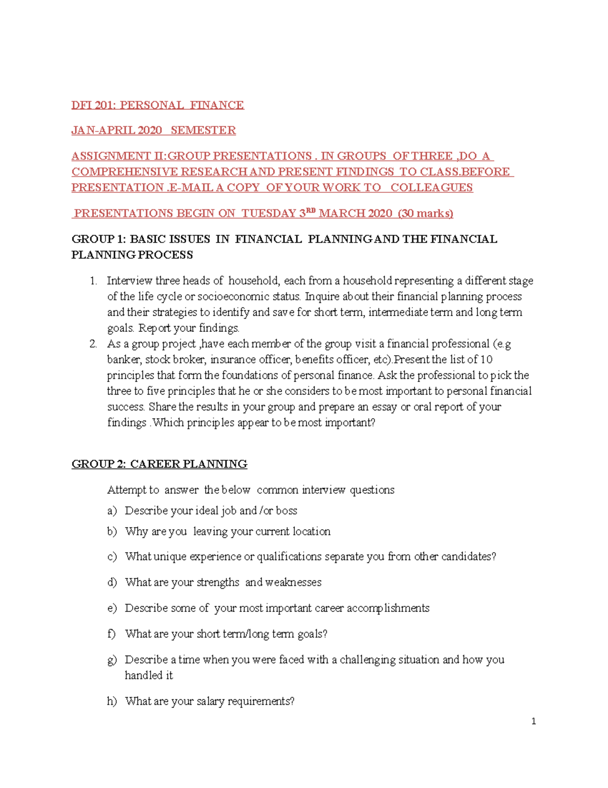 Group assignment for personal finance - DFI 201: PERSONAL FINANCE JAN ...