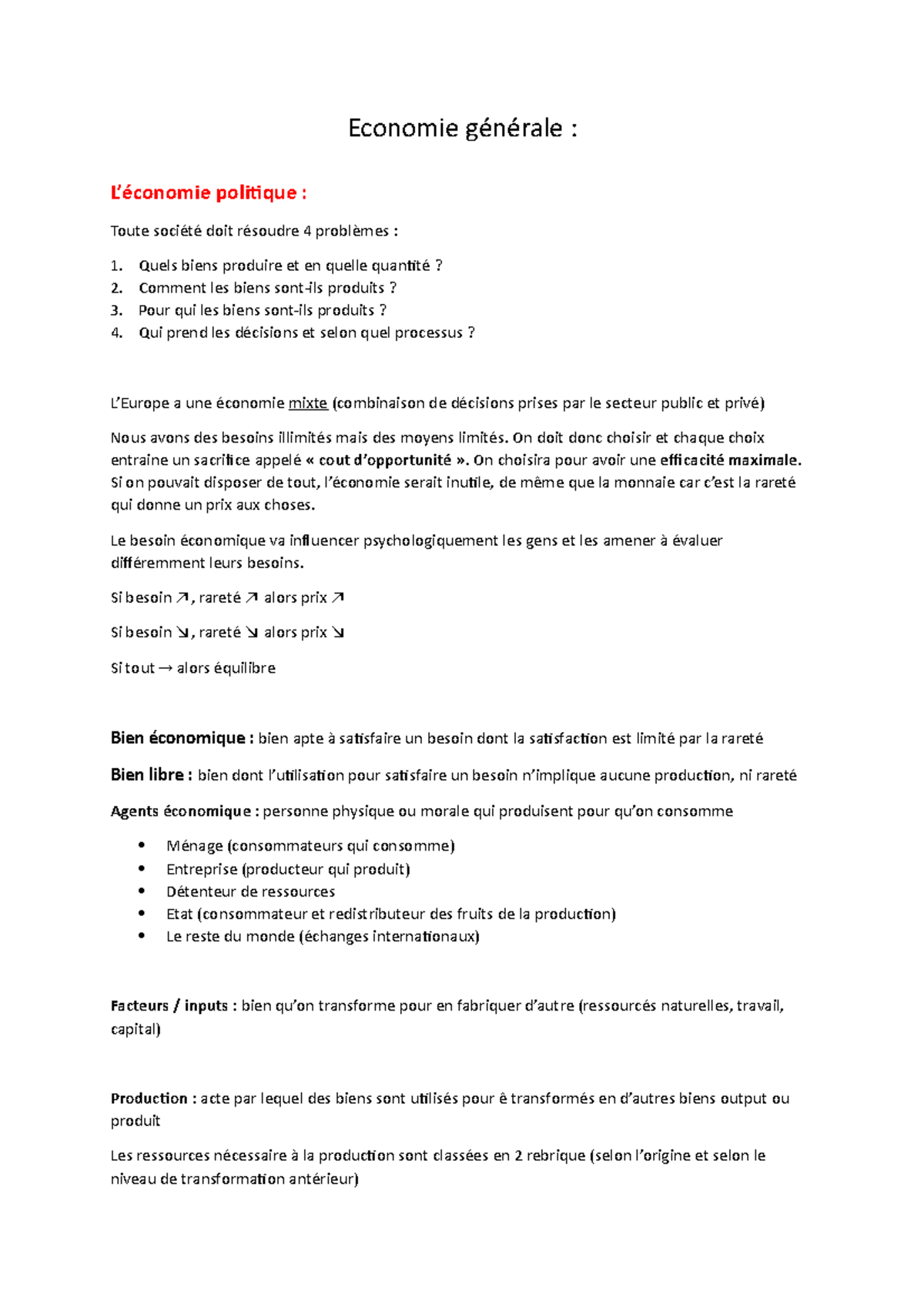 Economie générale - synthèse - Economie générale : L’économie politique ...