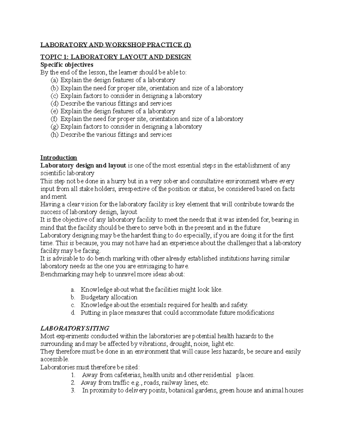 Topic 1 Laboratory Layout and Design notes - LABORATORY AND WORKSHOP ...