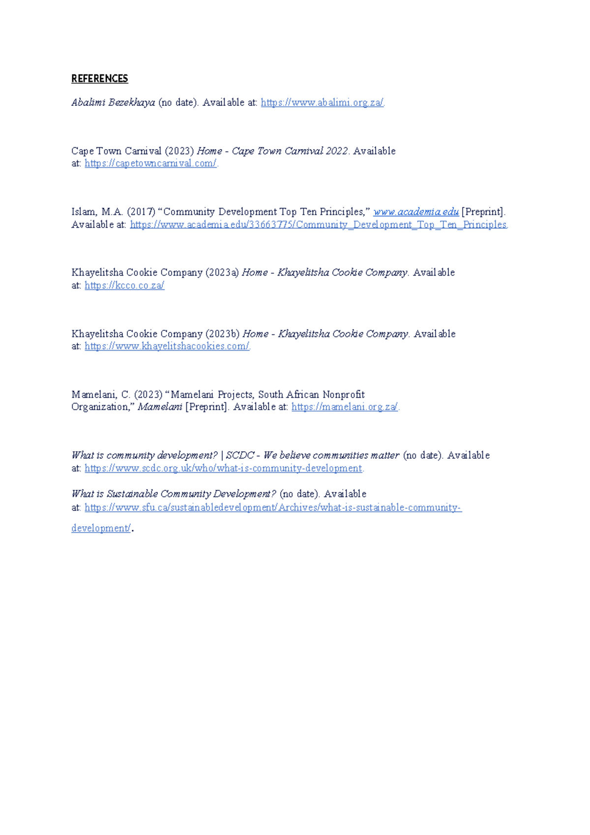 Reference LIST - law lecture notes - REFERENCES Abalimi Bezekhaya (no ...