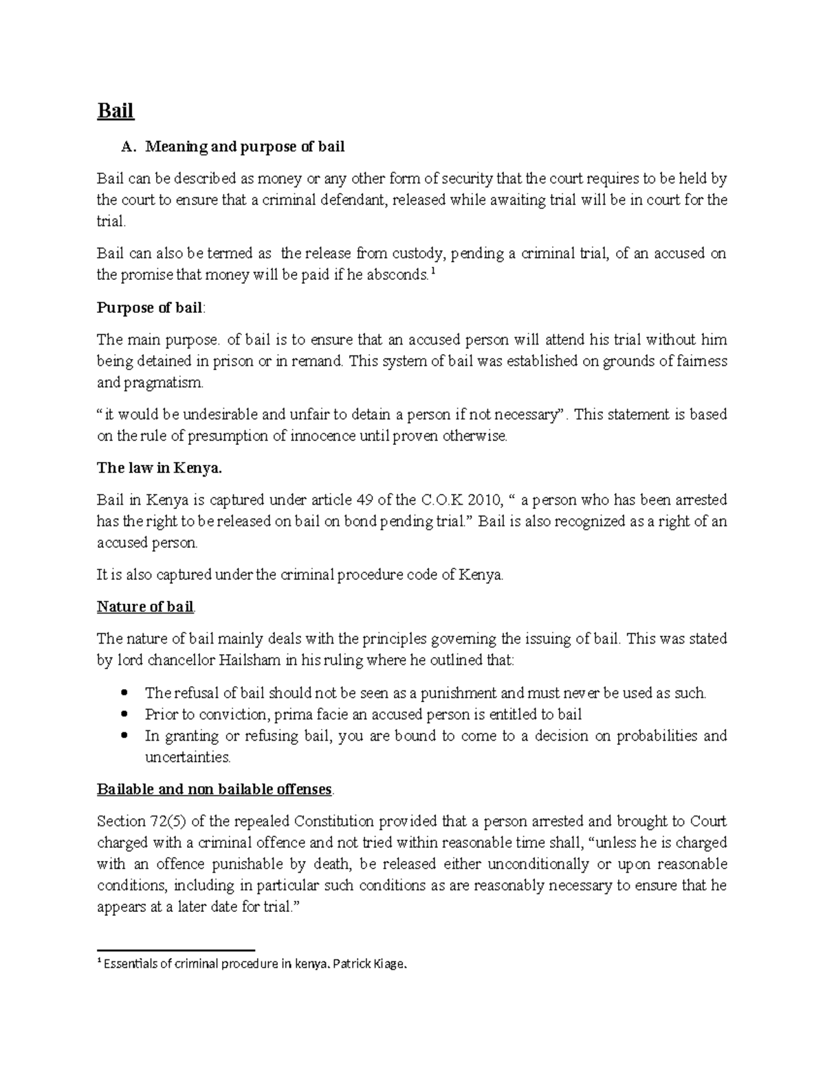 Bail in Kenya - Week 5 - Weekly lecture notes - Bail A. Meaning and ...