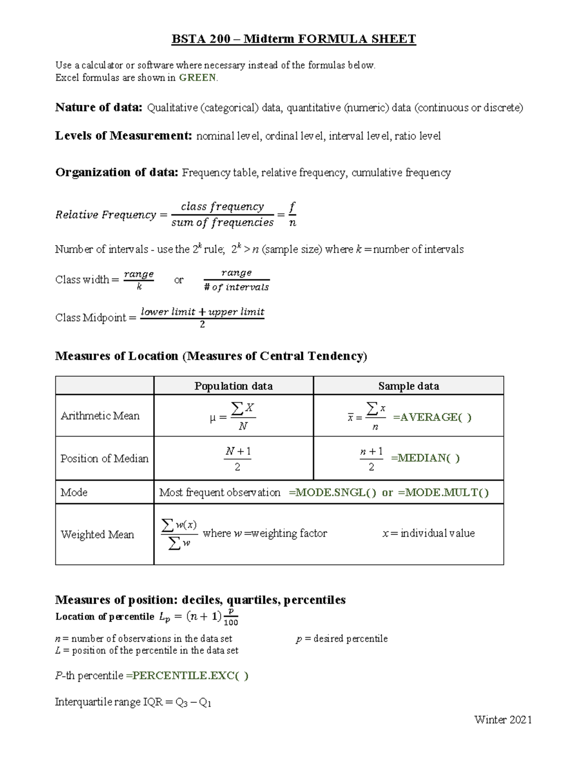 BSTA 200 Online Midterm Formula Sheet S2020 - BSTA 200 – Midterm ...