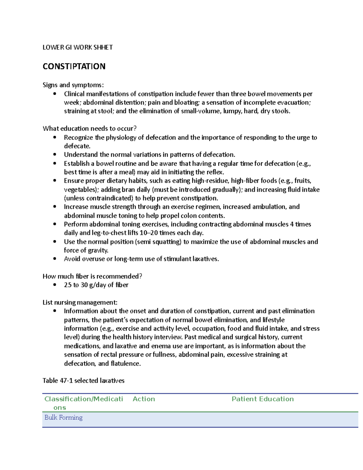 Lower GI WORK Sheet - Lecture notes 3 - LOWER GI WORK SHHET ...