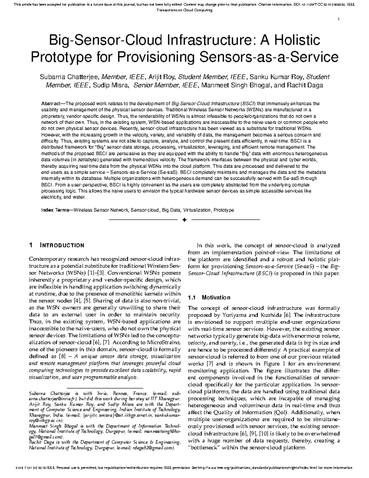 IEEE 2019 Big-Sensor-Cloud Infrastructure - Transactions on Cloud ...