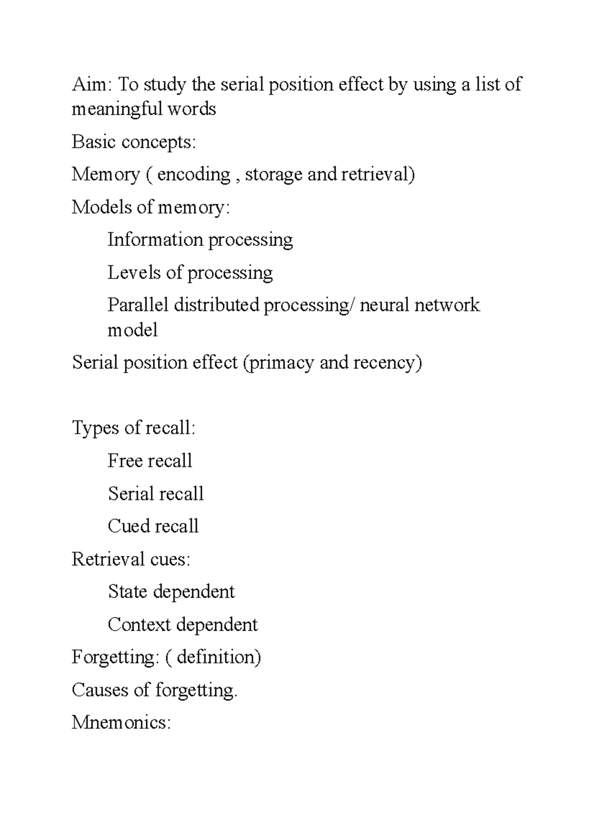 Outline for serial position experiment - Aim: To study the serial ...