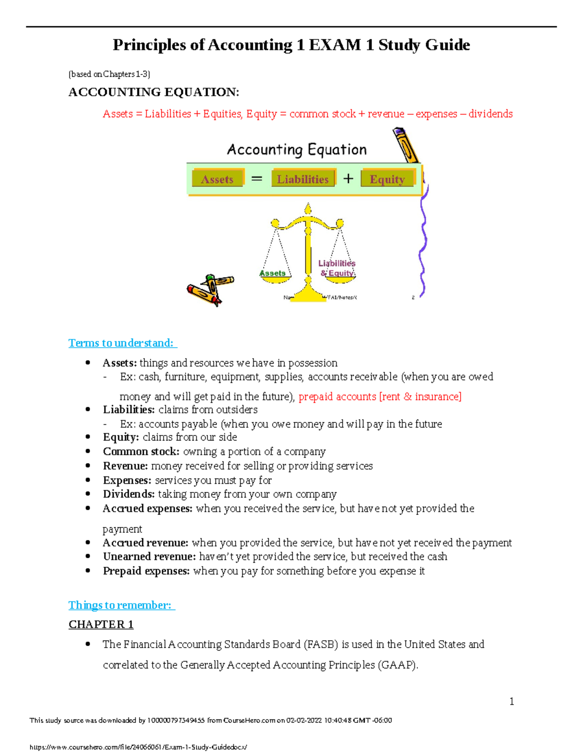 Exam #1 Study Guide - (based on Chapters 1-3) ACCOUNTING EQUATION ...