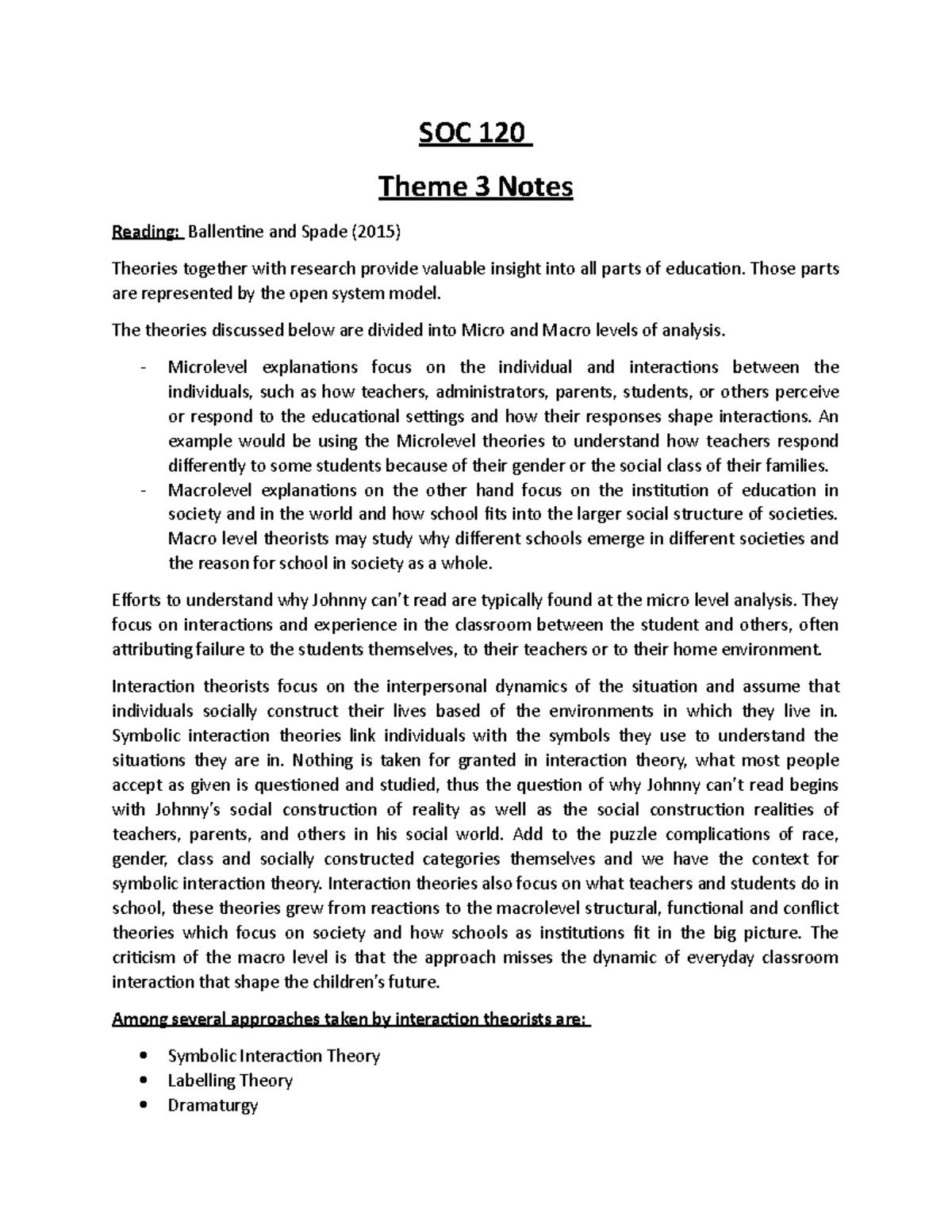 SOC 120 Theme 3 Notes Final - SOC 120 Theme 3 Notes Reading: Ballentine ...