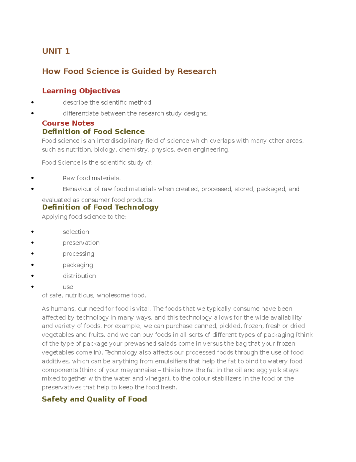 UNIT 1 - part b of unit 1 - UNIT 1 How Food Science is Guided by ...