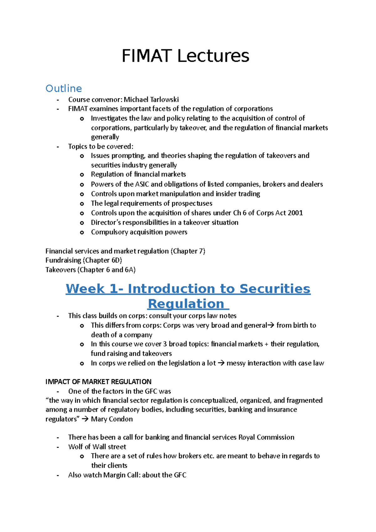 Fimat Lectures - FIMAT Lectures Outline - Course convenor: Michael ...