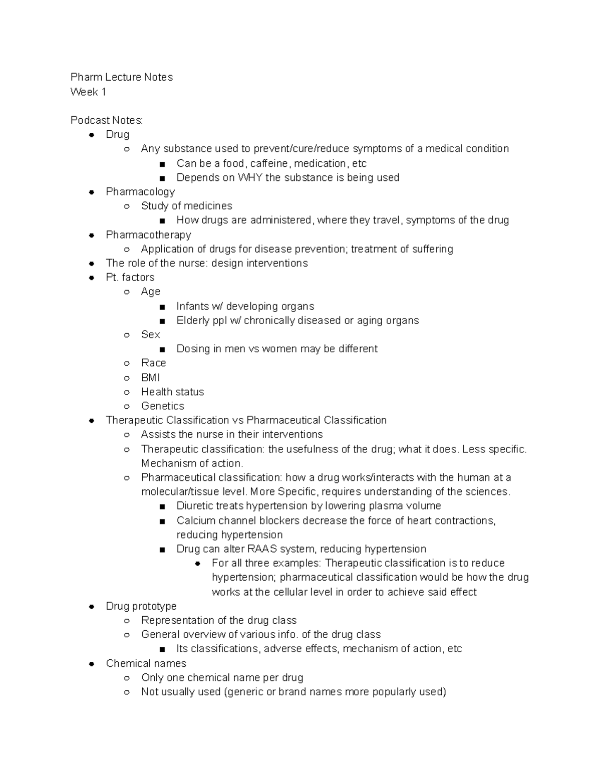 Pharm Lecture Quiz 1 - Pharm Lecture Notes Week 1 Podcast Notes: Drug ...