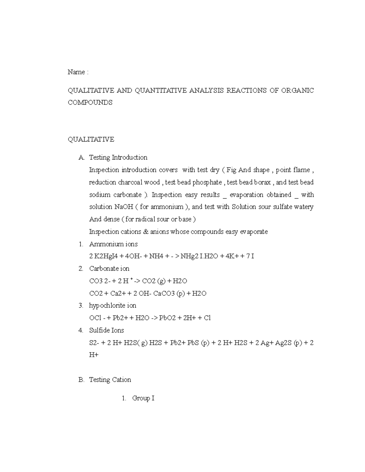 Test bead phosphate - Name : QUALITATIVE AND QUANTITATIVE ANALYSIS ...