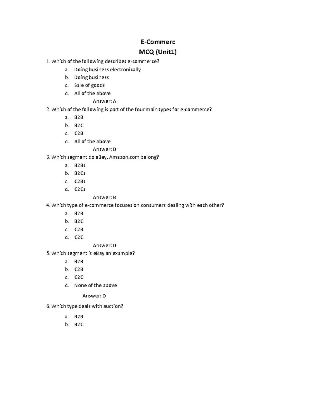 BCA 6th-sem- E-commerce (MCQ) - E‐Commerc MCQ (Unit1) Which of the following describes e ...