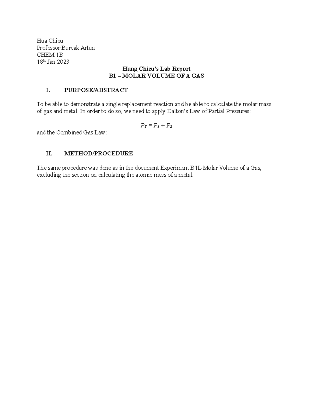 Lab Report B1 - Molar Volume of a Gas - Hua Chieu Professor Burcak ...