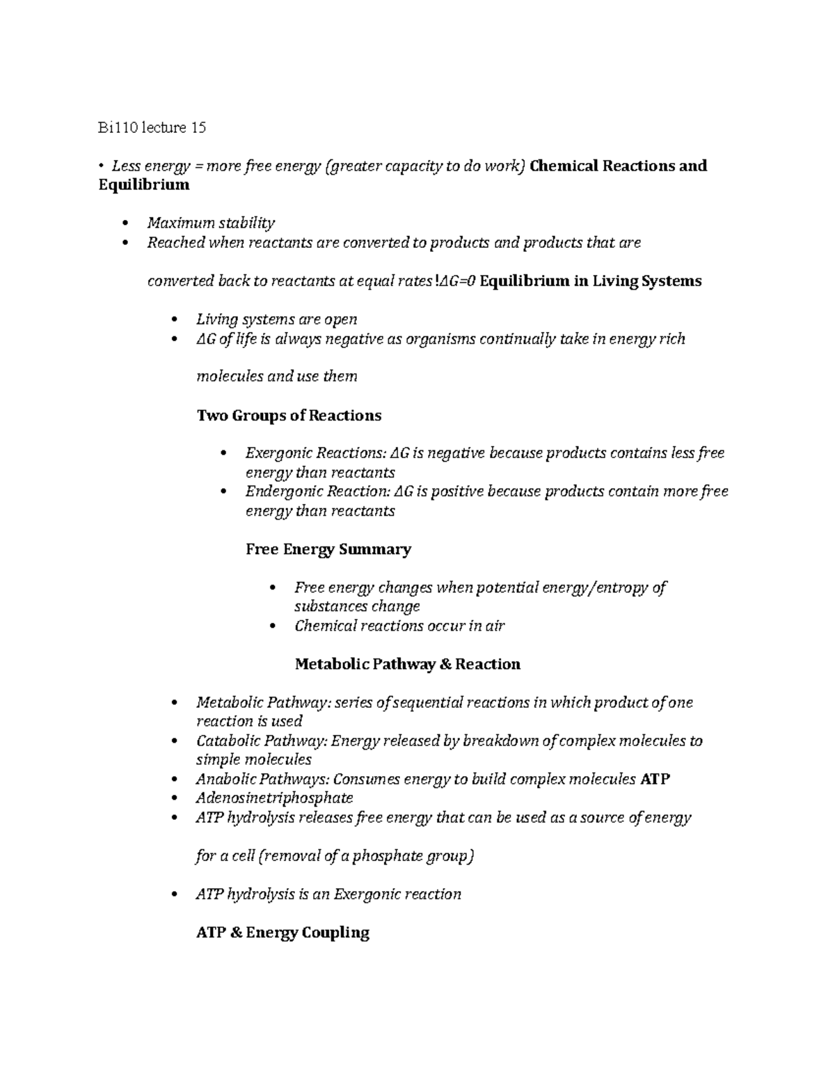 Bi110 lecture 15 - business notes - Bi110 lecture 15 Less energy = more ...