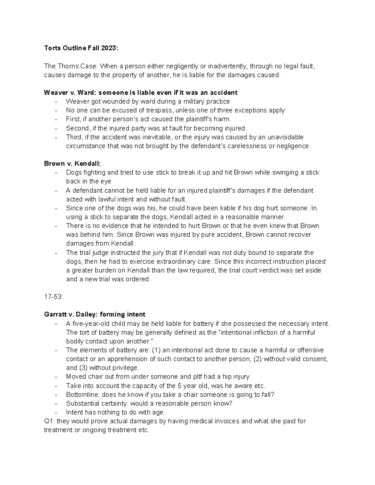 Torts Fall 2023 - outline from the entire class. did not miss a class ...