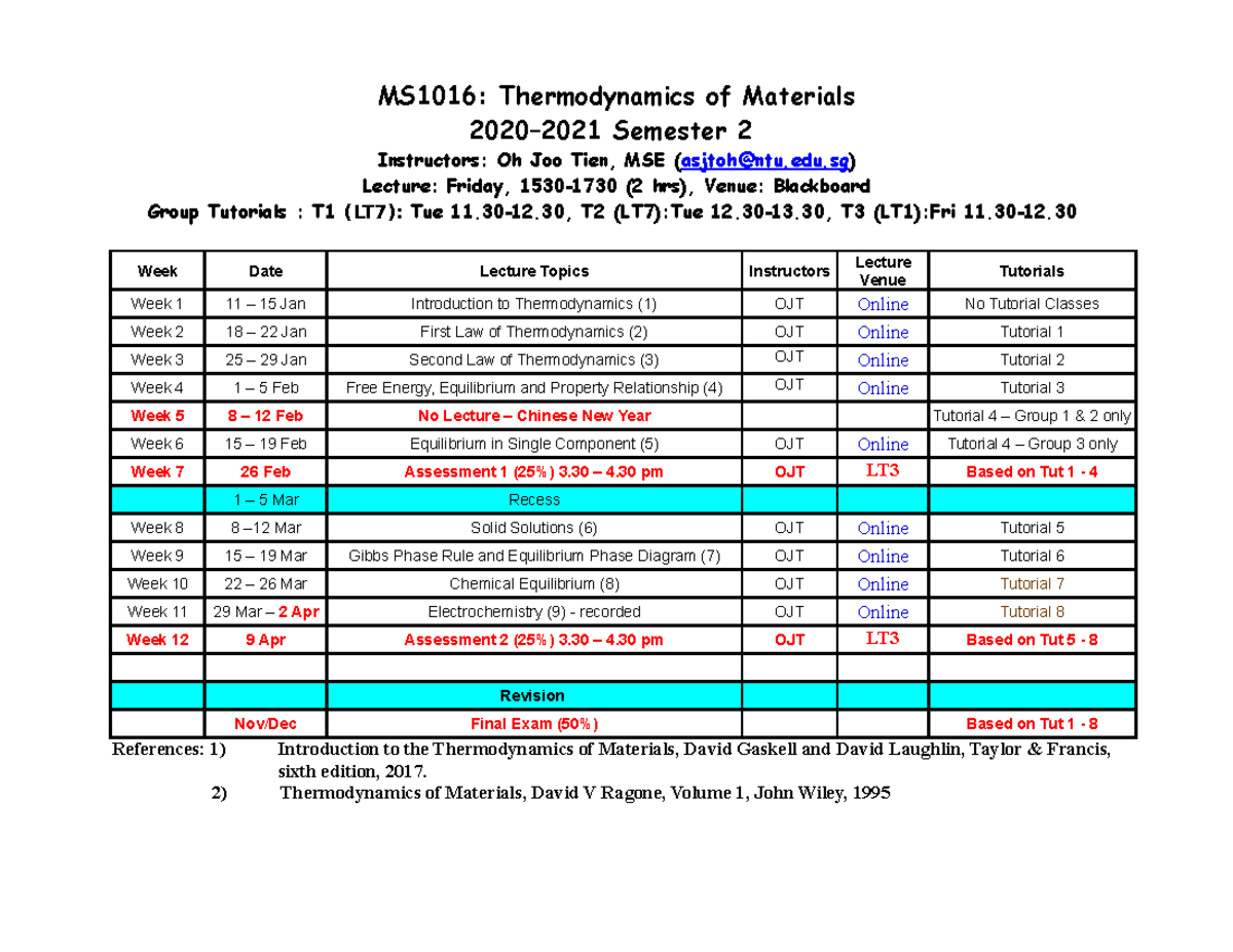 MS1016 Schedule Sem Two 2020-2021 - MS1016 - NTU - Studocu