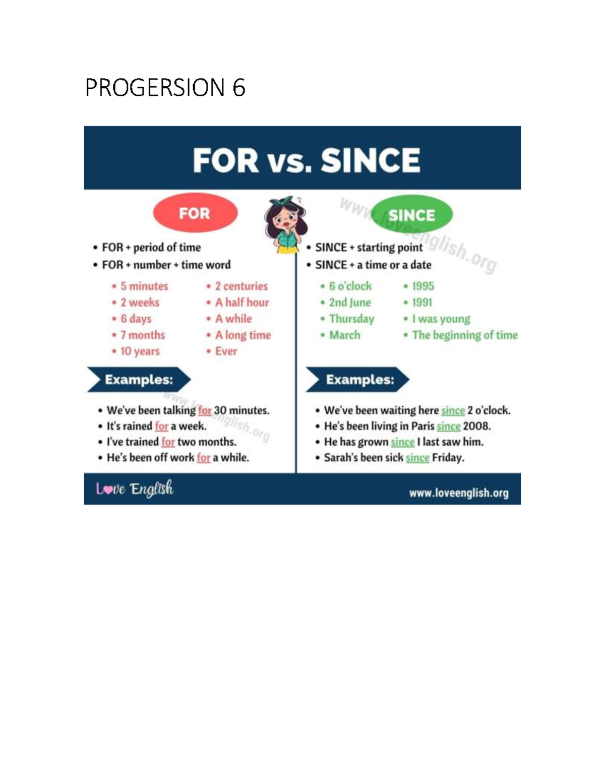 Progersion 6 Since AND FOR - PROGERSION 6 FOR vs. SINCE FOR SINCE FOR ...