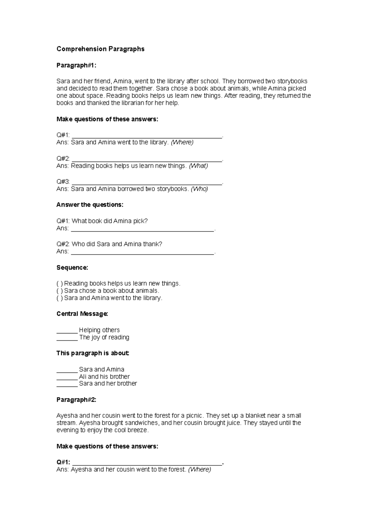 Comprehension Paragraphs - Comprehension Paragraphs Paragraph#1: Sara ...