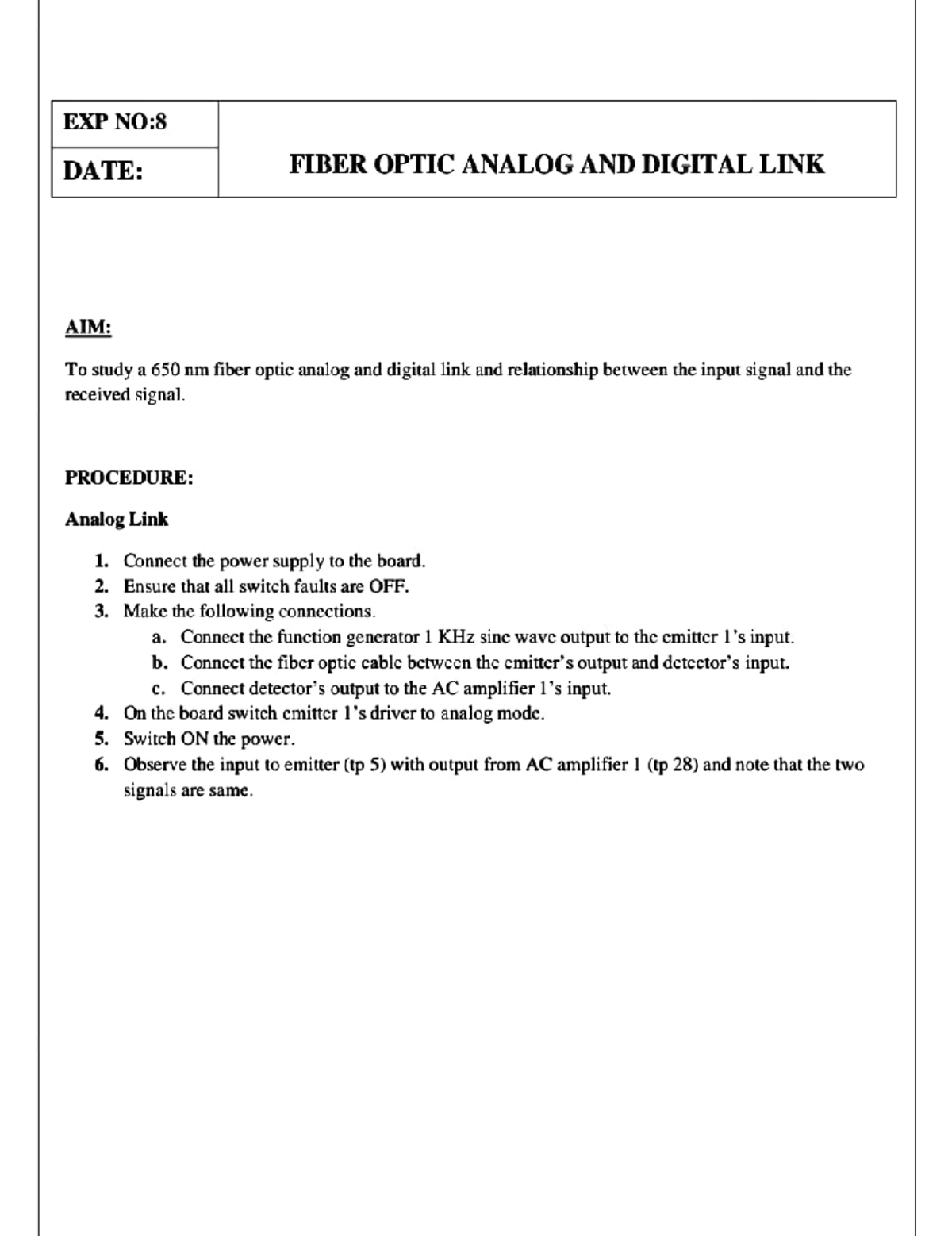 Fiber optic analog & Digital link( Lab experiment) - EXP NO: DATE ...