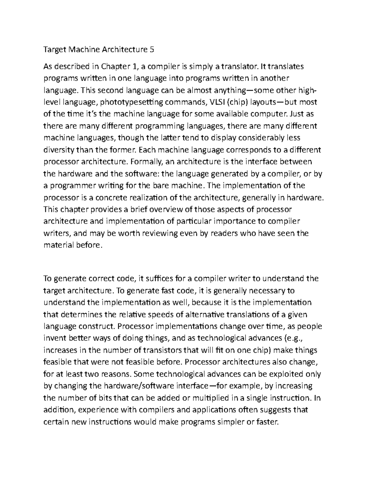 5.1-5.2 comp348 important parts - Target Machine Architecture 5 As described in Chapter 1, a ...