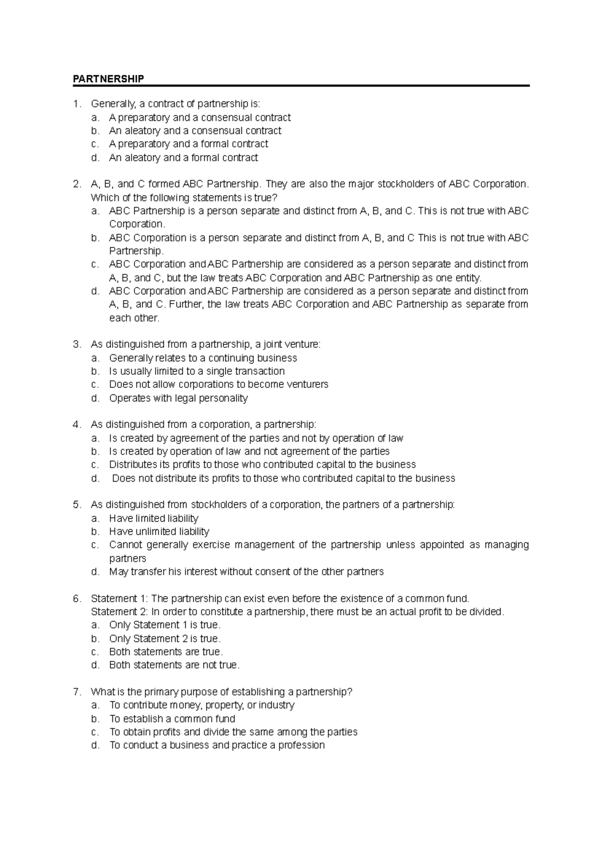 Partnership Sample Questions - PARTNERSHIP Generally, a contract of ...