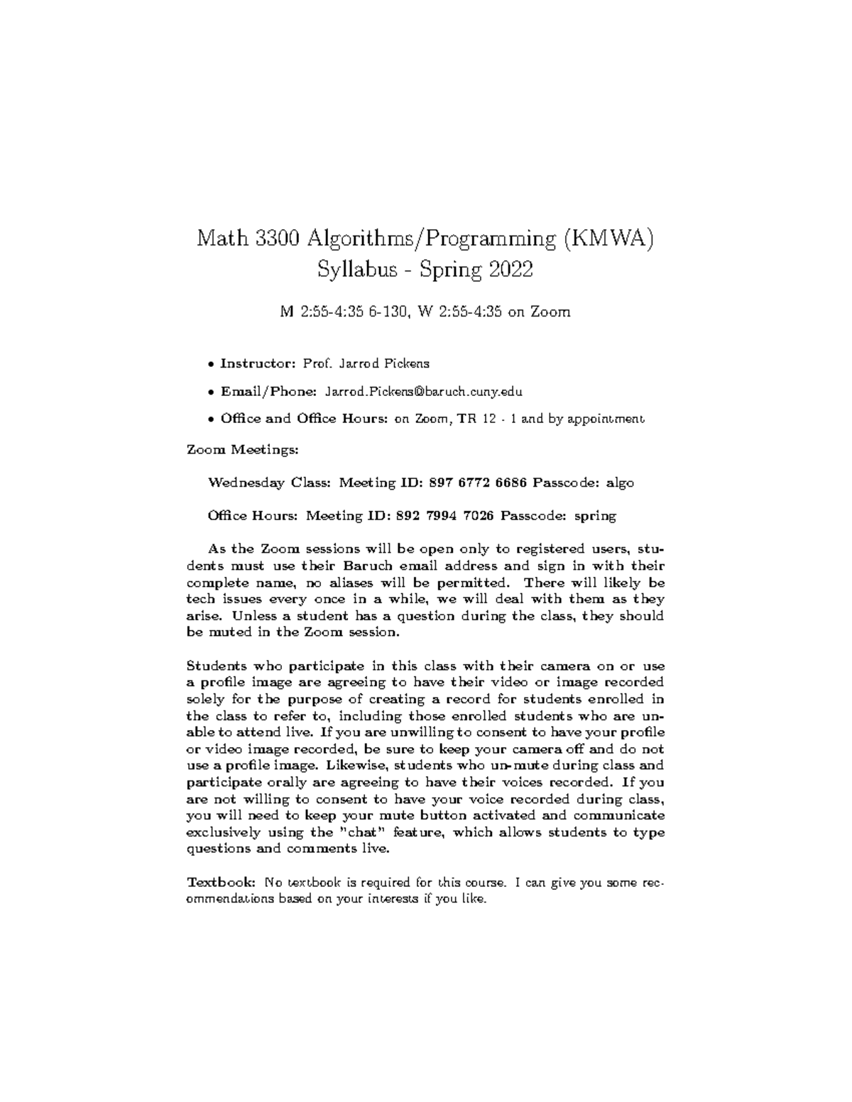 MTH 3300 Syllabus - Professor: DellOrto - Math 3300 Algorithms/Programming (KMWA) Syllabus ...