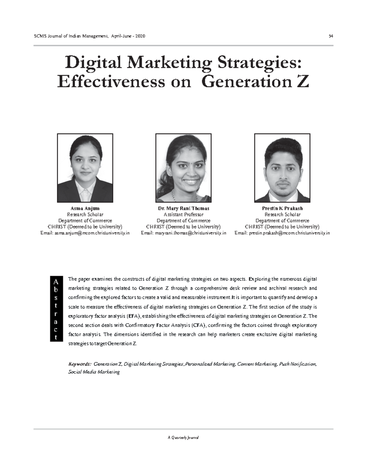 Digital Marketing Strategies - A Quarterly Journal A b s t r a c t The ...