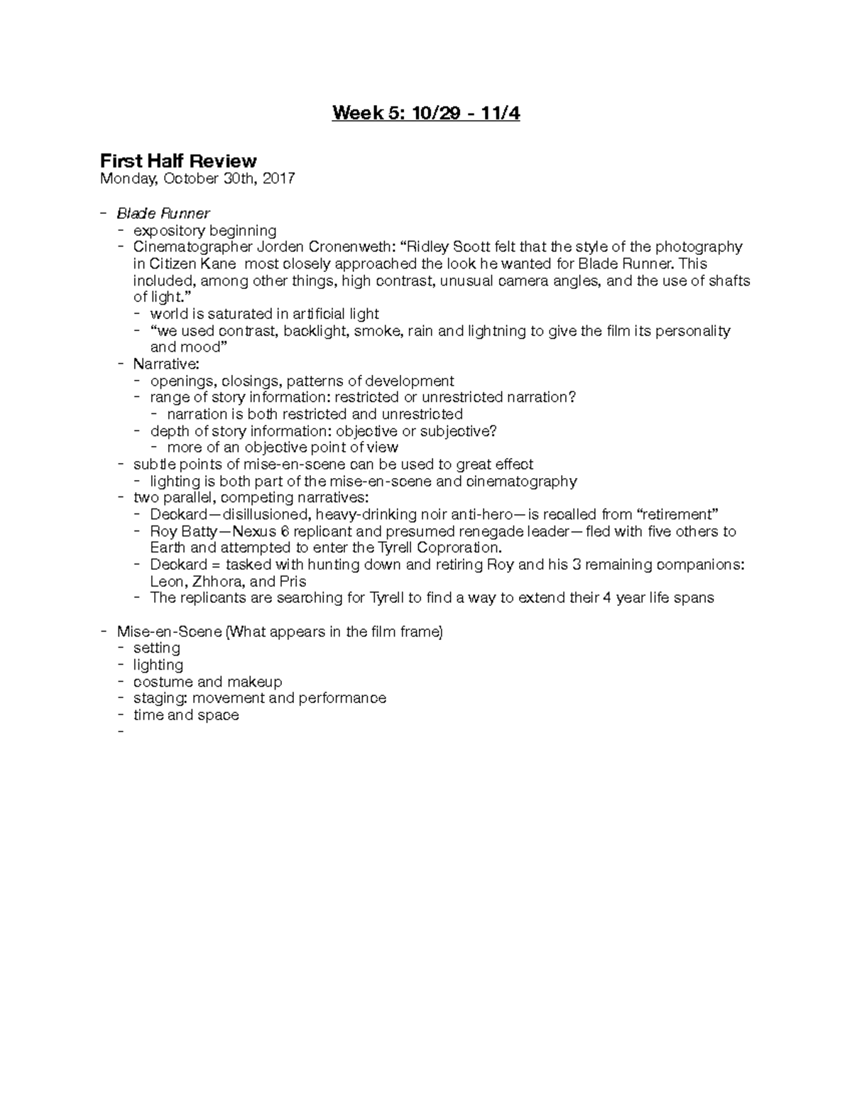 Week 5 - Lecture notes 5 - Week 5: 10/29 - 11/4 First Half Review ...
